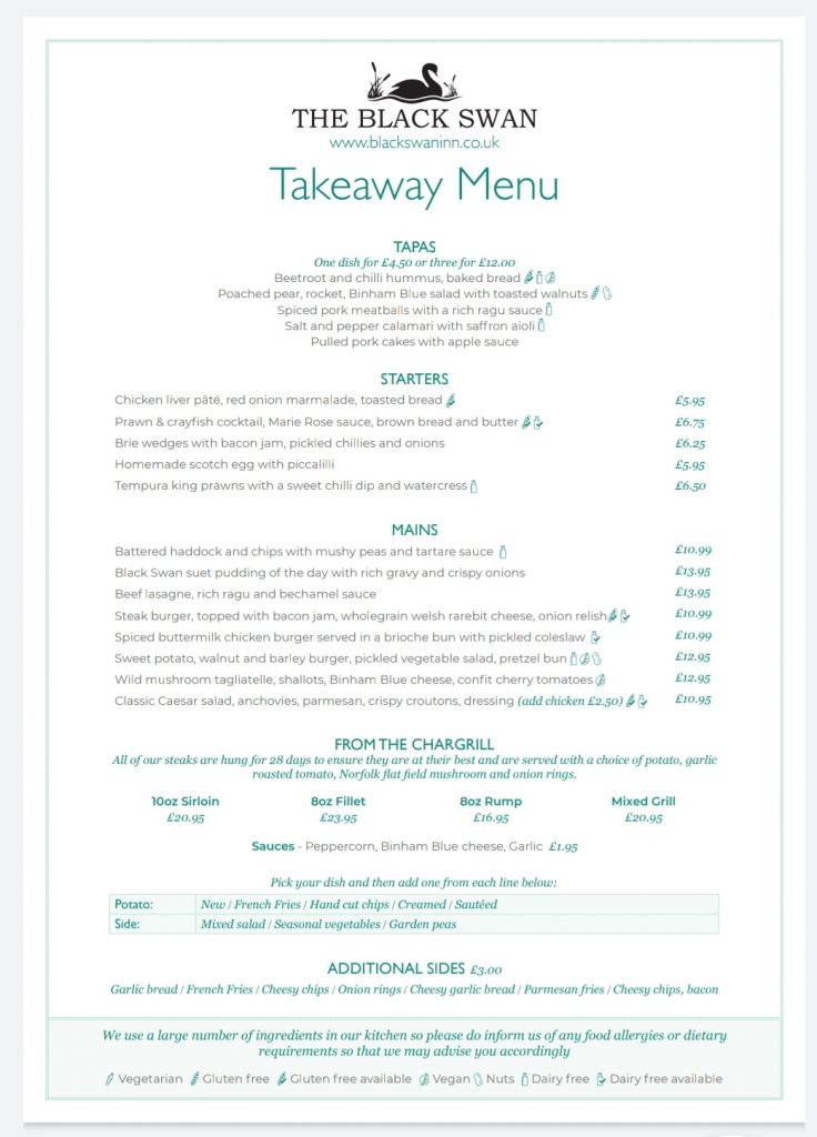 The Black Swan Inn - Food Menus - Good Pub Food