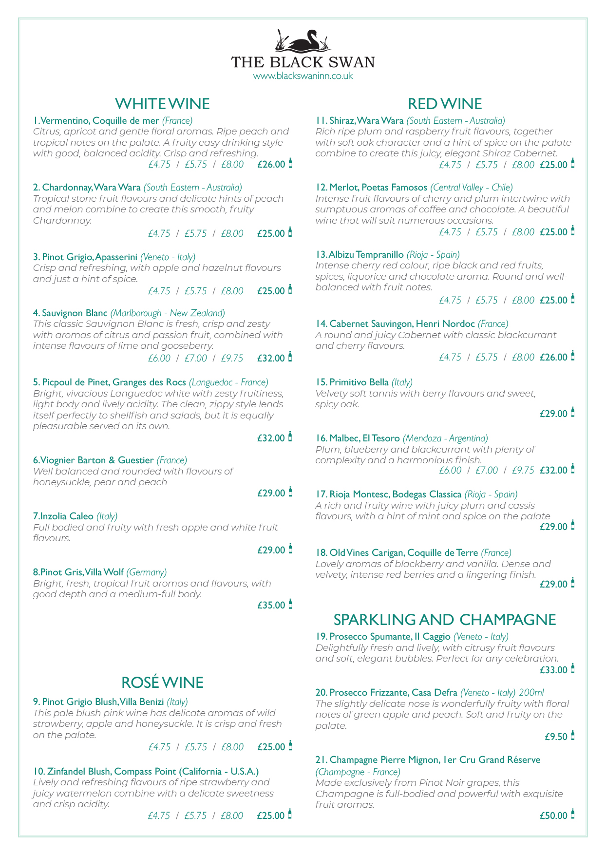 The Black Swan Inn - Food Menus - Good Pub Food