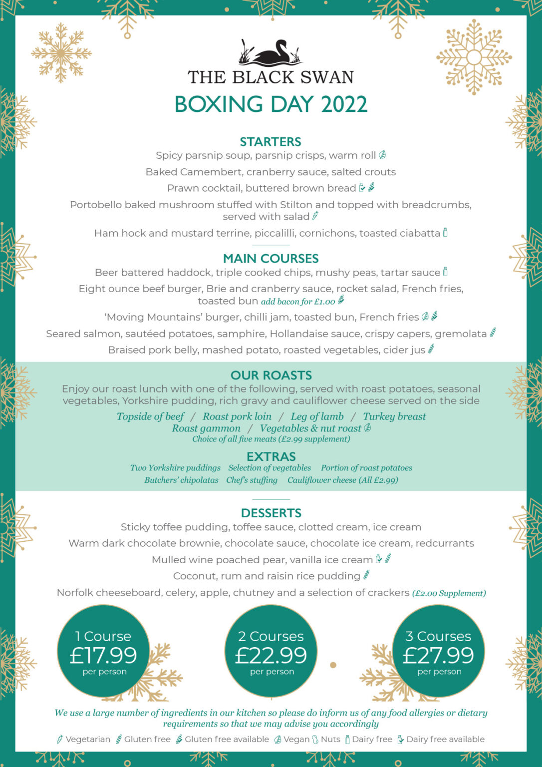 The Black Swan Inn - Food Menus - Good Pub Food