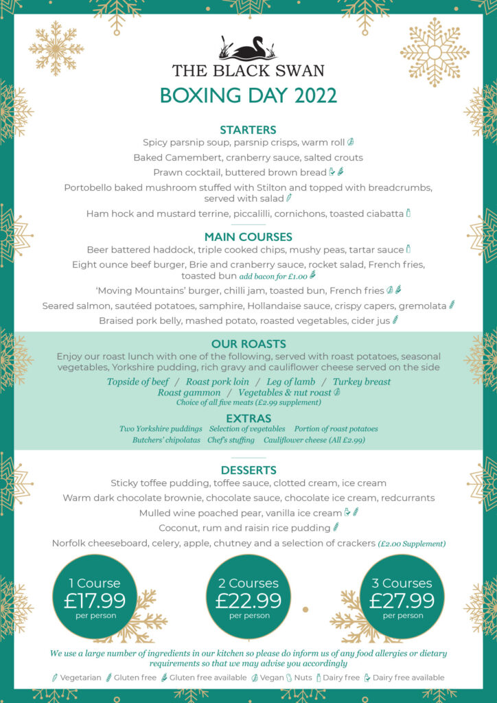 The Black Swan Inn - Food Menus - Good Pub Food