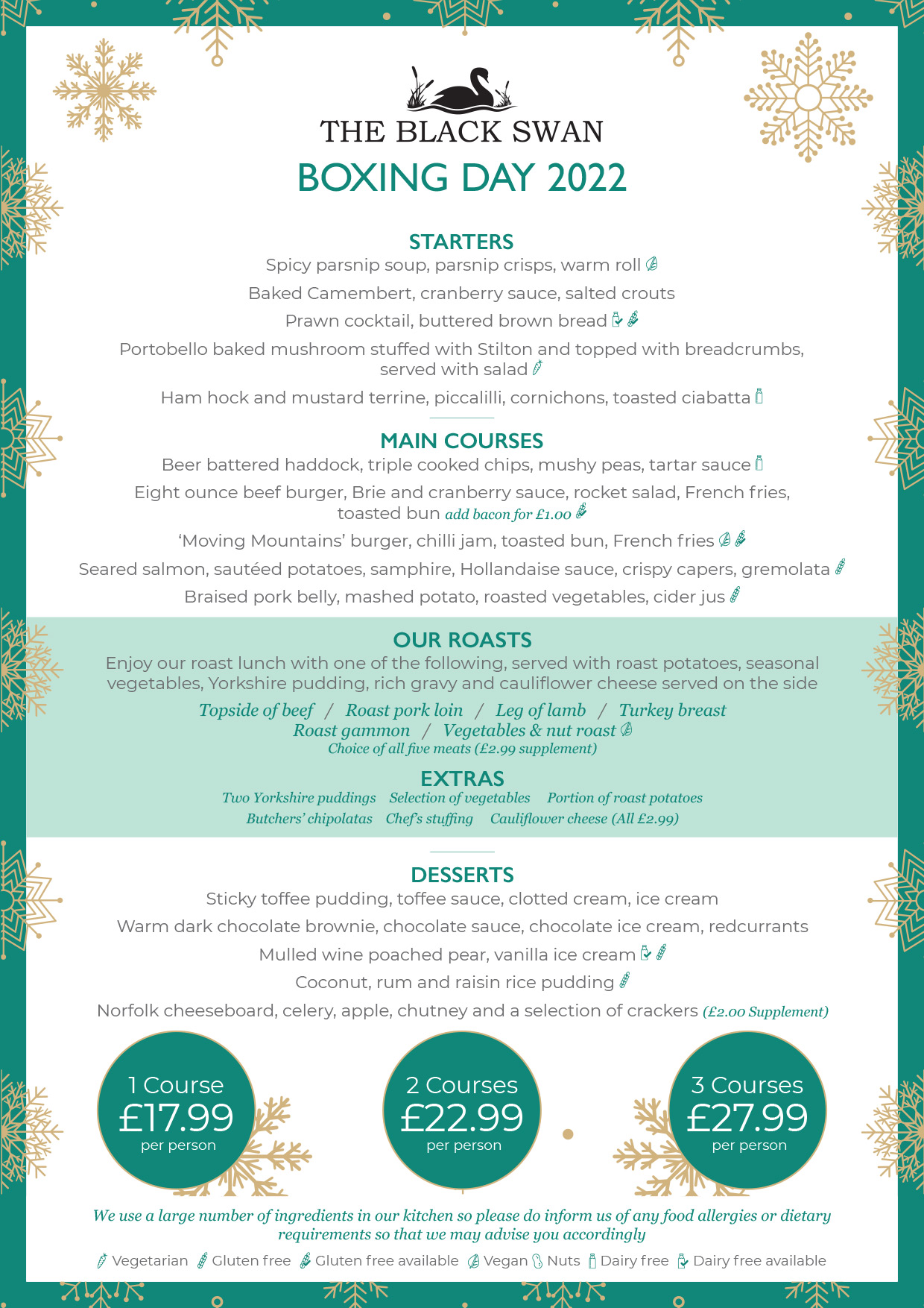 The Black Swan Inn - Food Menus - Good Pub Food