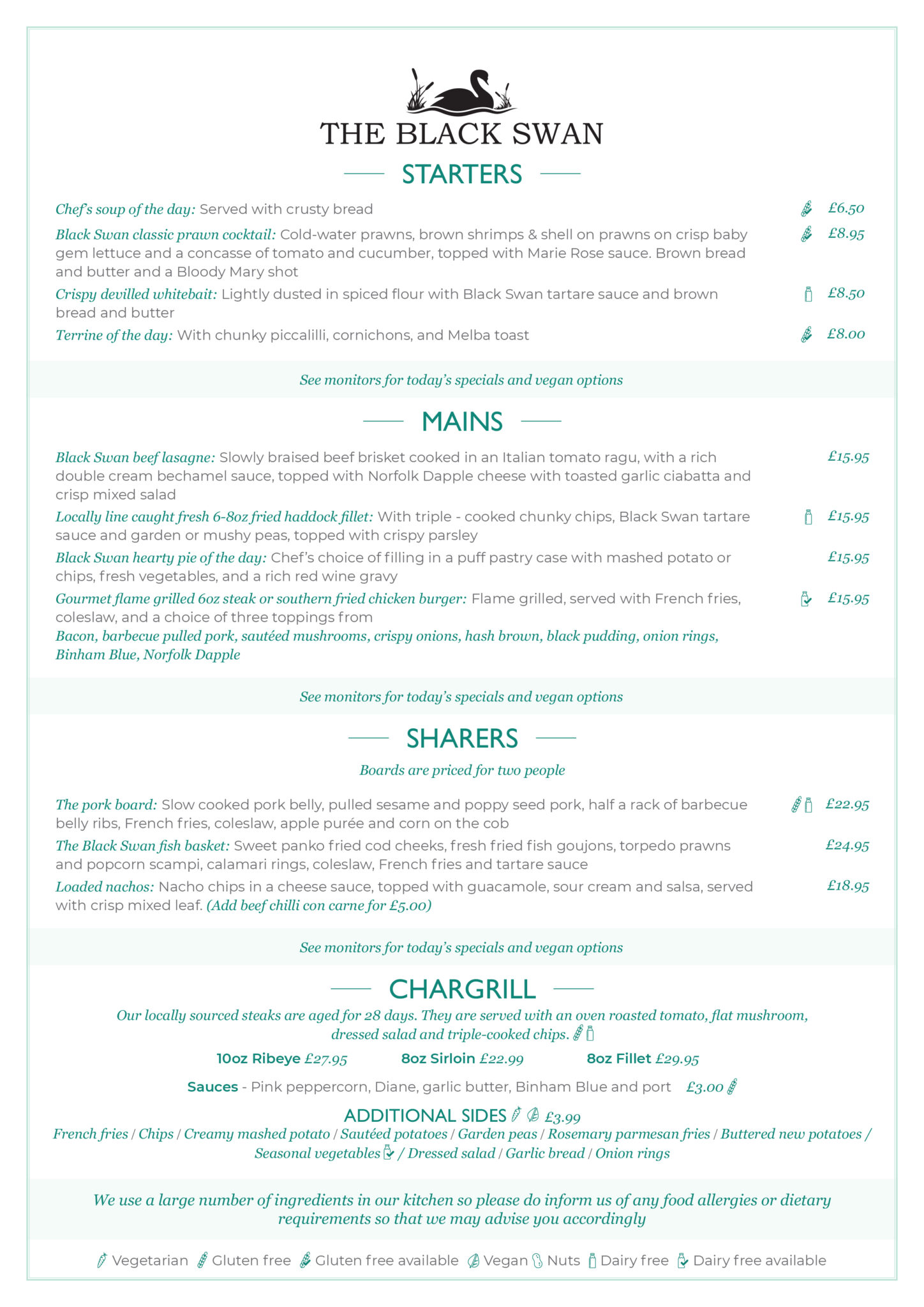 The Black Swan Inn - Food Menus - Good Pub Food