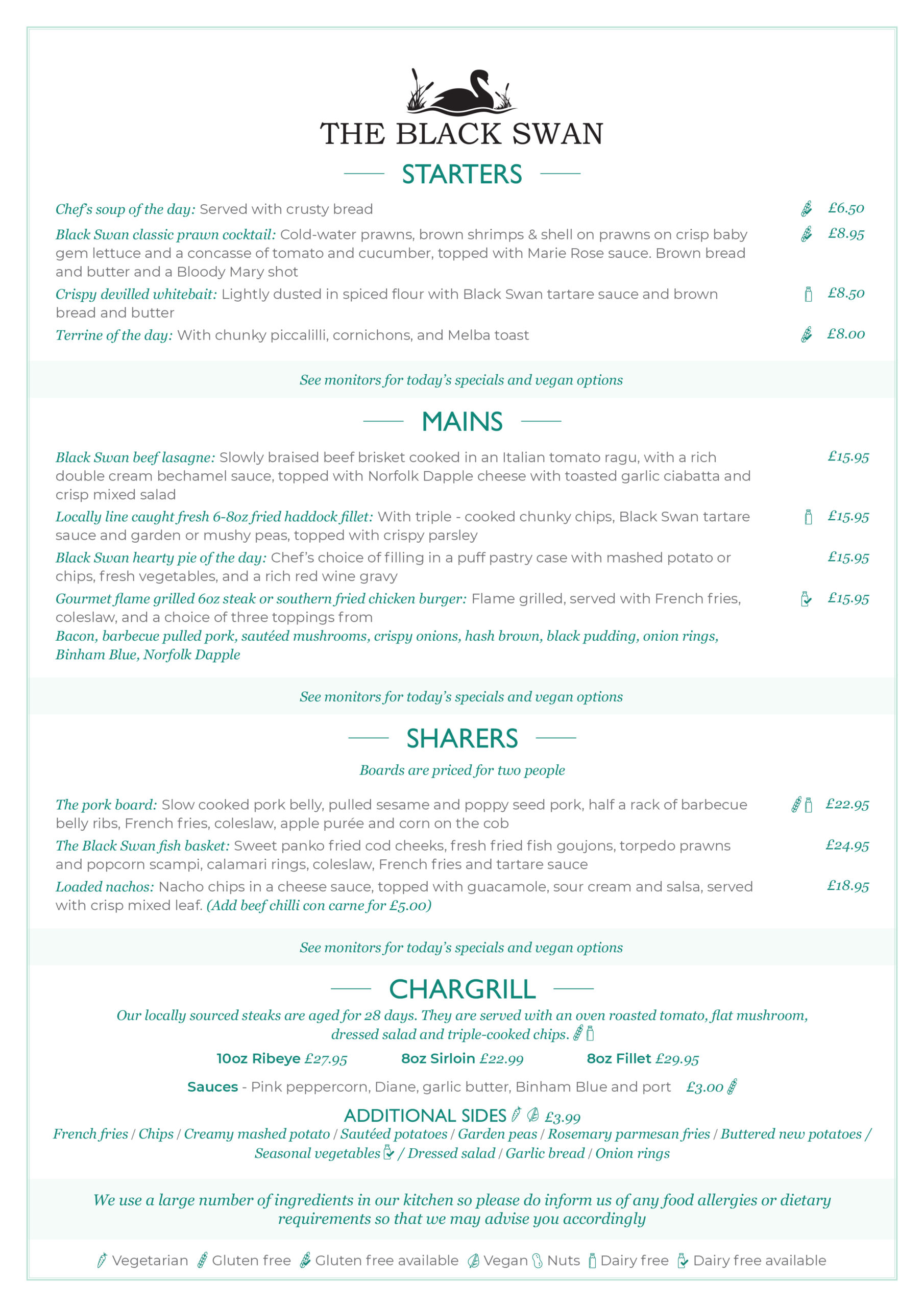 The Black Swan Inn - Food Menus - Good Pub Food