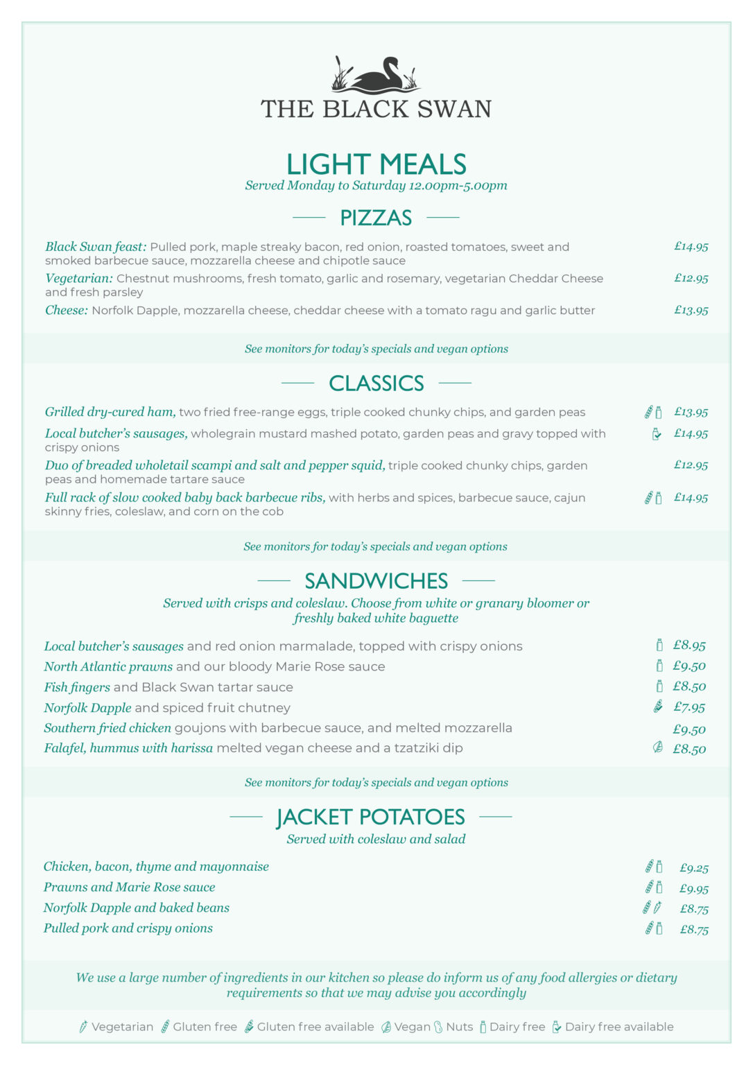 The Black Swan Inn - Food Menus - Good Pub Food