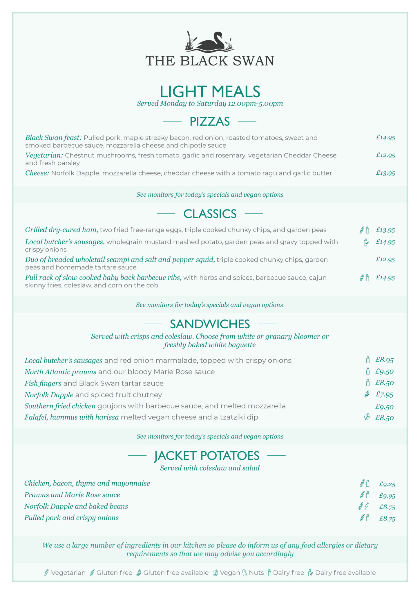 The Black Swan Inn - Food Menus - Good Pub Food