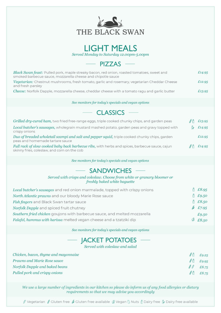 The Black Swan Inn - Food Menus - Good Pub Food