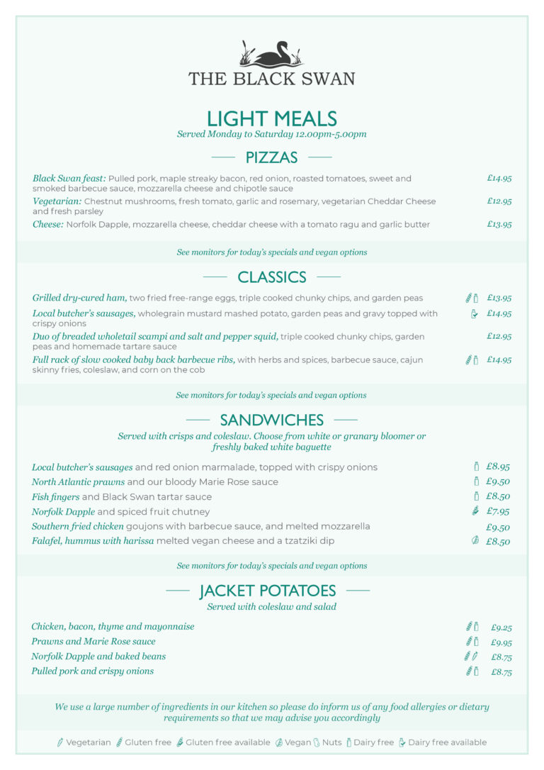 The Black Swan Inn - Food Menus - Good Pub Food