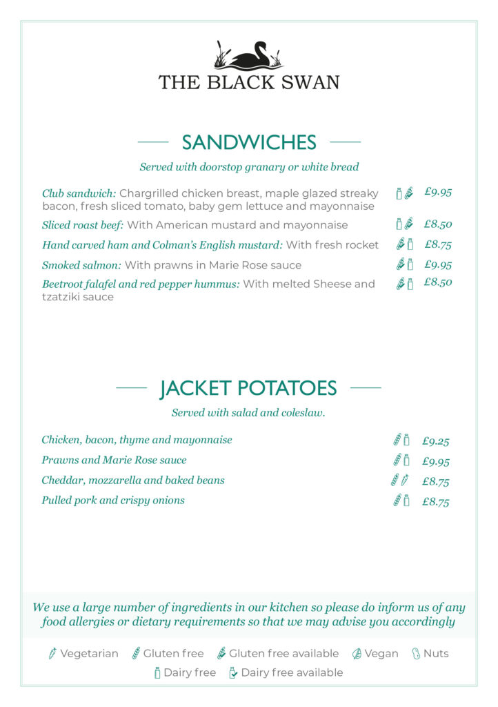The Black Swan Inn - Food Menus - Good Pub Food