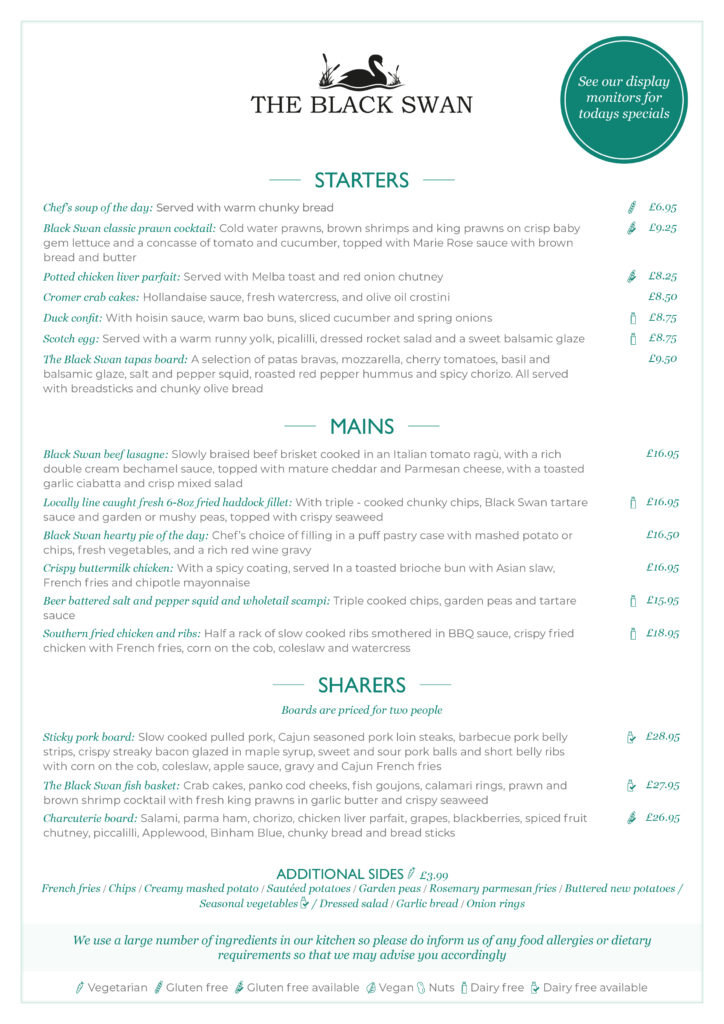The Black Swan Inn - Food Menus - Good Pub Food