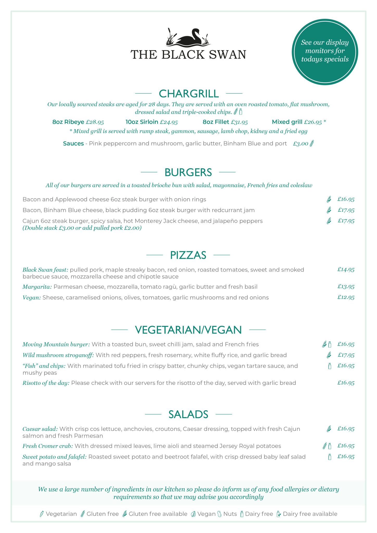 The Black Swan Inn - Food Menus - Good Pub Food