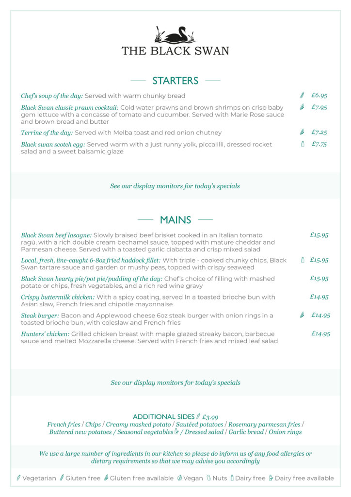 The Black Swan Inn - Food Menus - Good Pub Food