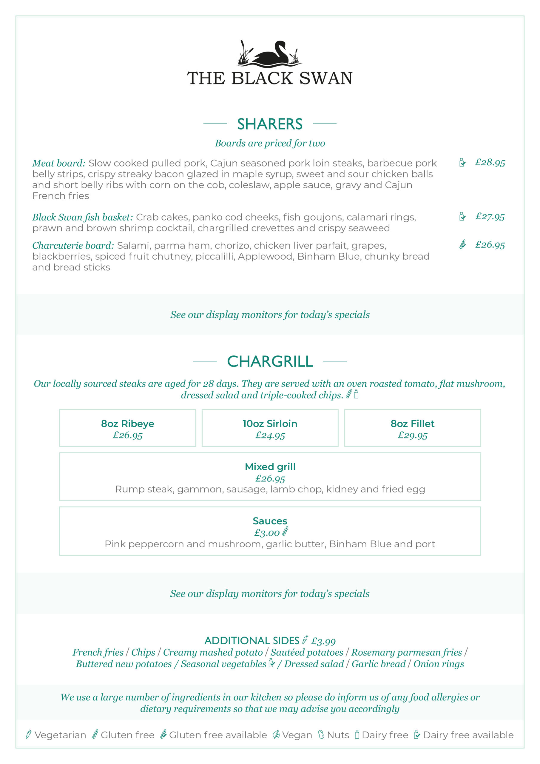 The Black Swan Inn - Food Menus - Good Pub Food