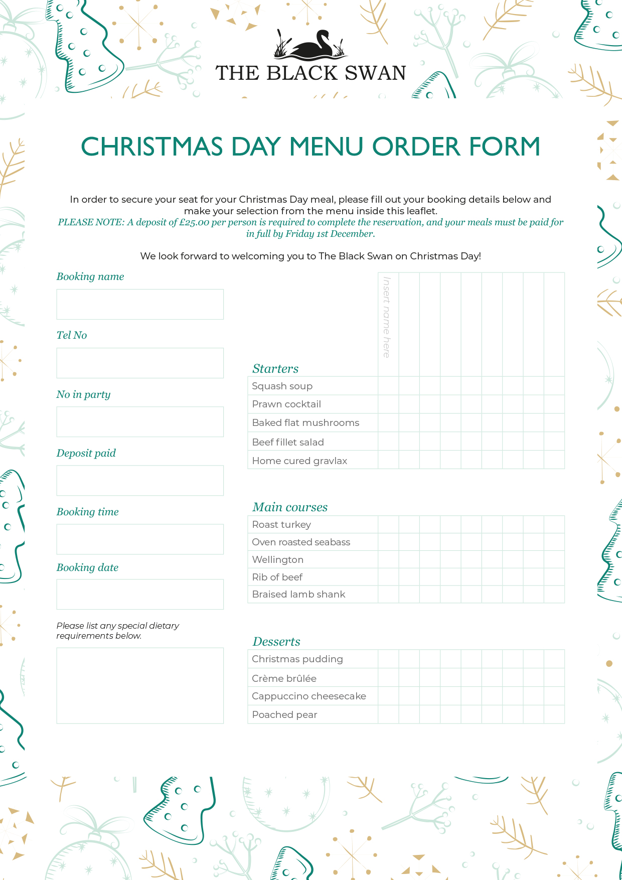 The Black Swan Inn - Food Menus - Good Pub Food