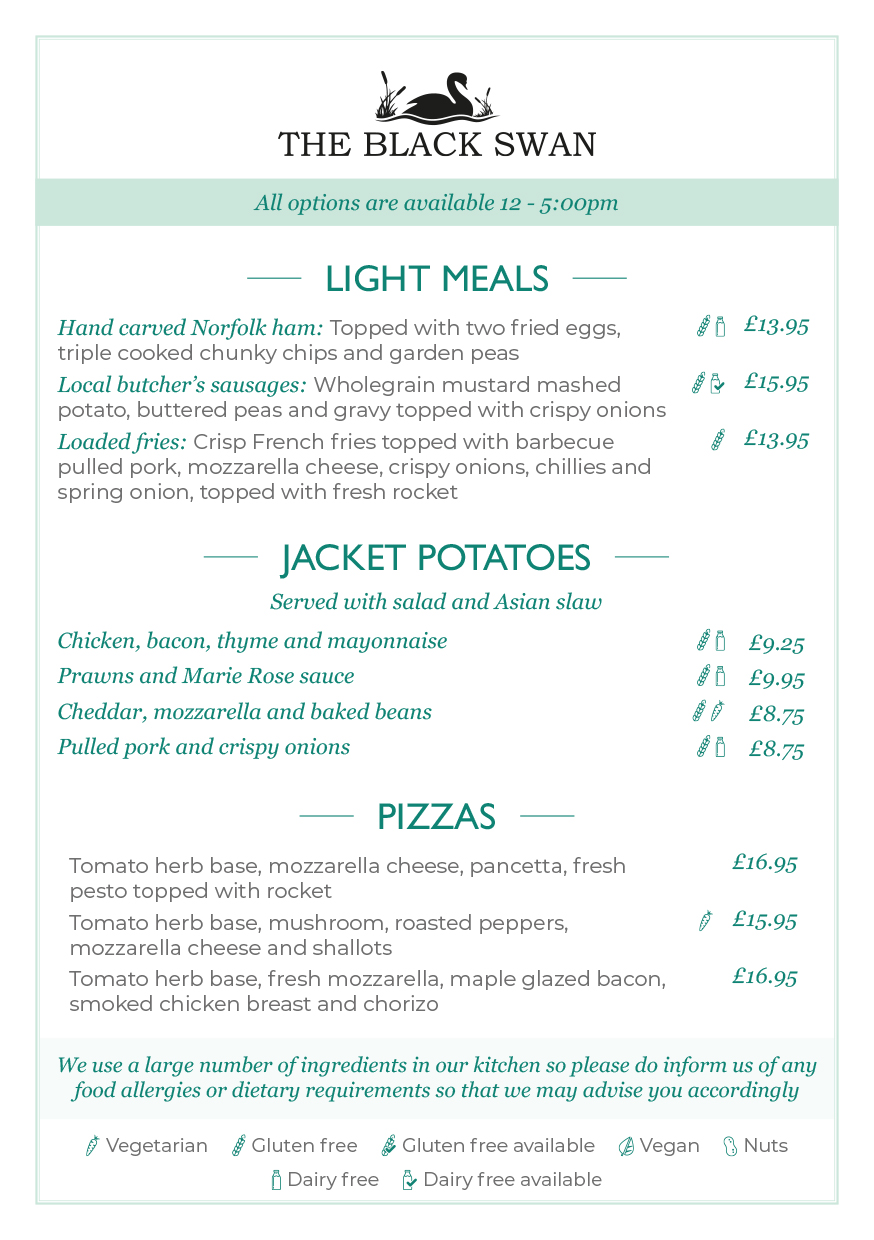 The Black Swan Inn - Food Menus - Good Pub Food