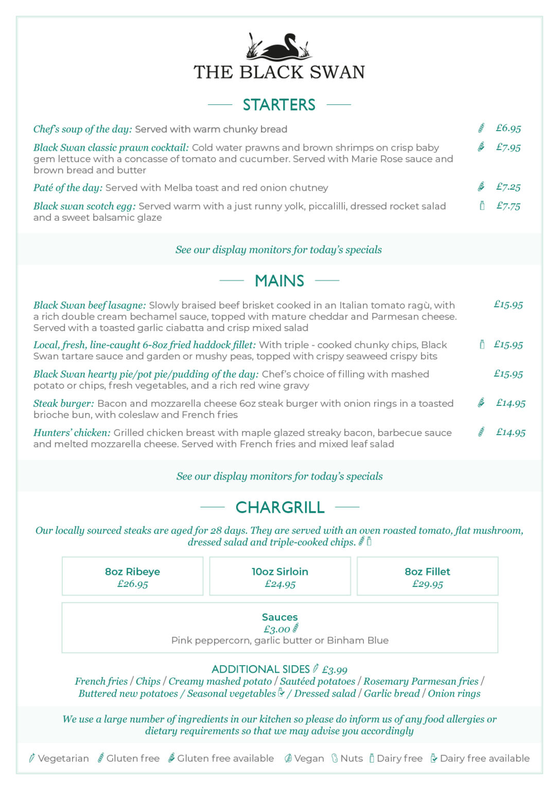 The Black Swan Inn - Food Menus - Good Pub Food