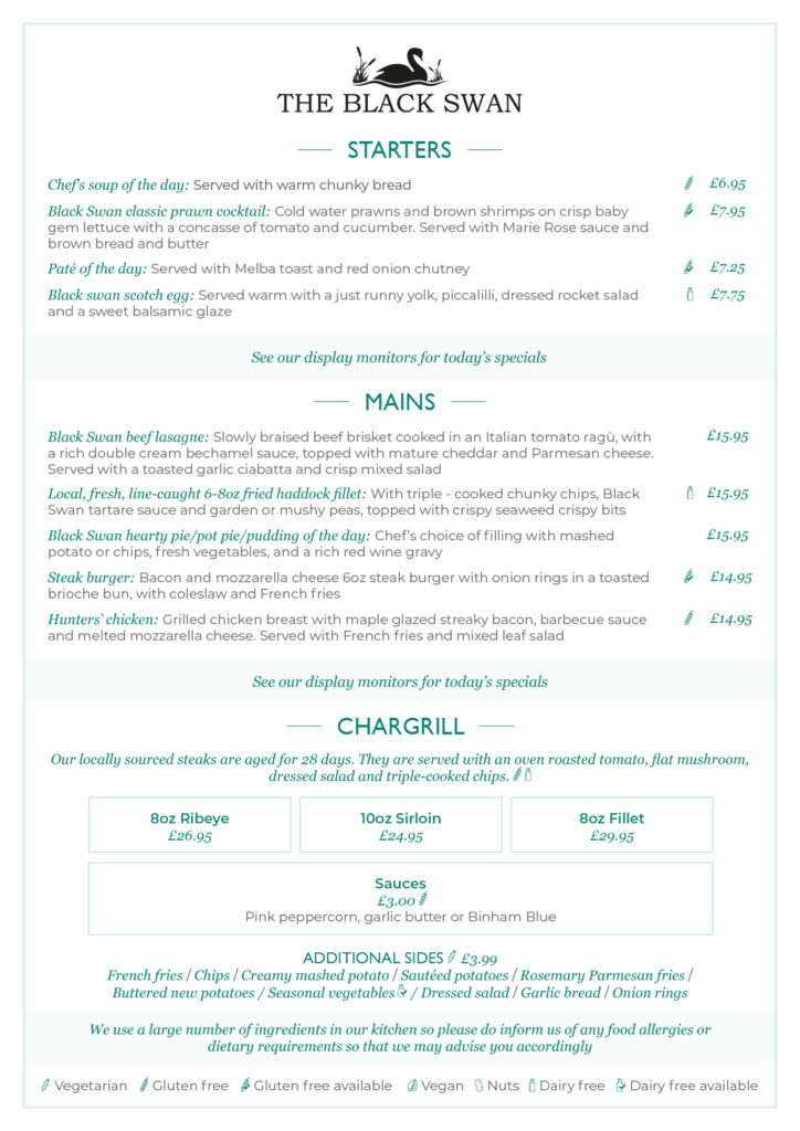 The Black Swan Inn - Food Menus - Good Pub Food