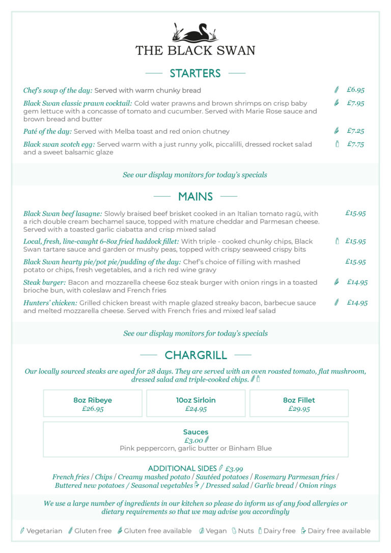 The Black Swan Inn - Food Menus - Good Pub Food