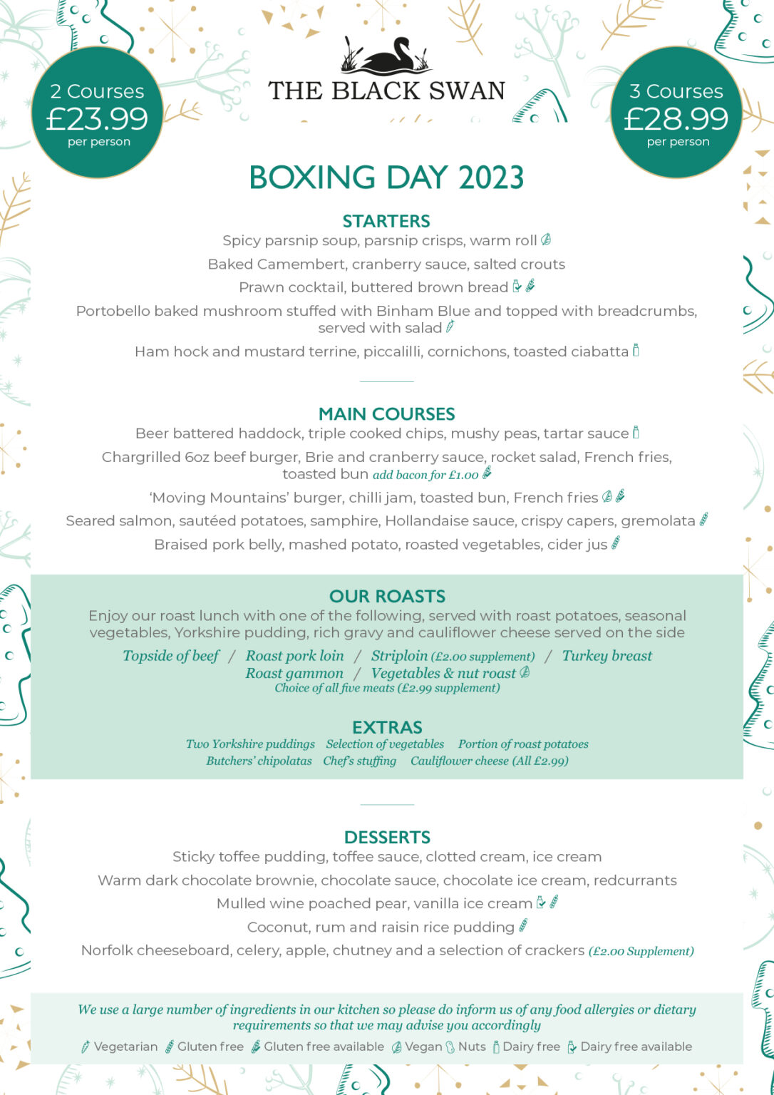 The Black Swan Inn - Food Menus - Good Pub Food