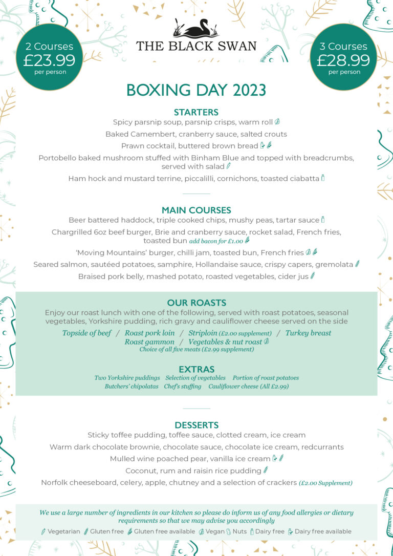 The Black Swan Inn - Food Menus - Good Pub Food