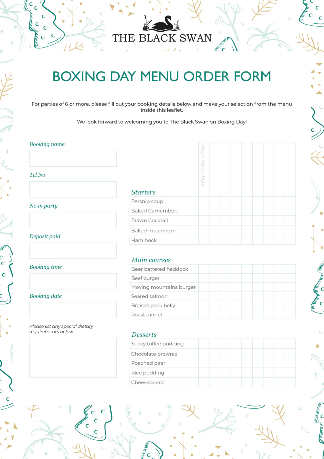 The Black Swan Inn - Food Menus - Good Pub Food