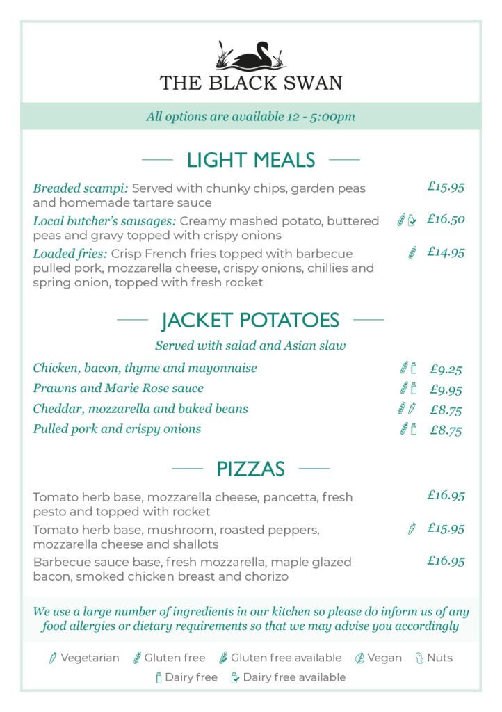 The Black Swan Inn - Food Menus - Good Pub Food