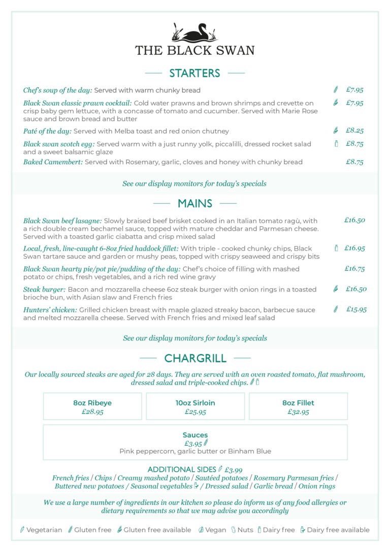 The Black Swan Inn - Food Menus - Good Pub Food
