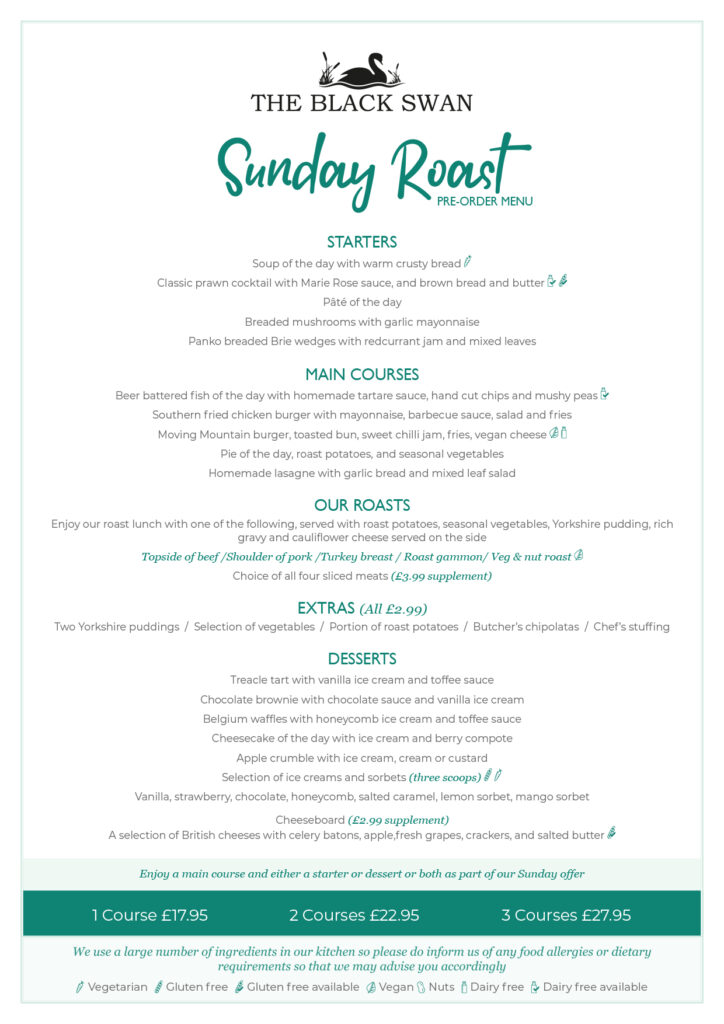 The Black Swan Inn - Food Menus - Good Pub Food