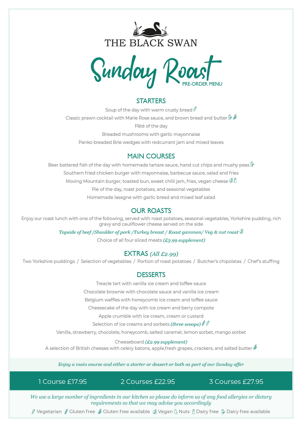 The Black Swan Inn - Food Menus - Good Pub Food