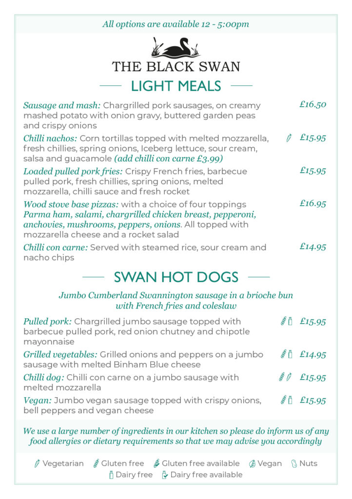 The Black Swan Inn - Food Menus - Good Pub Food