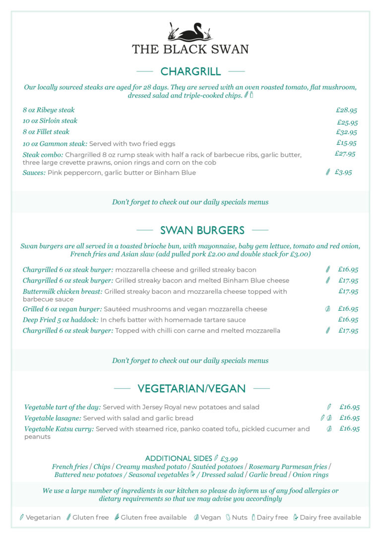 The Black Swan Inn - Food Menus - Good Pub Food