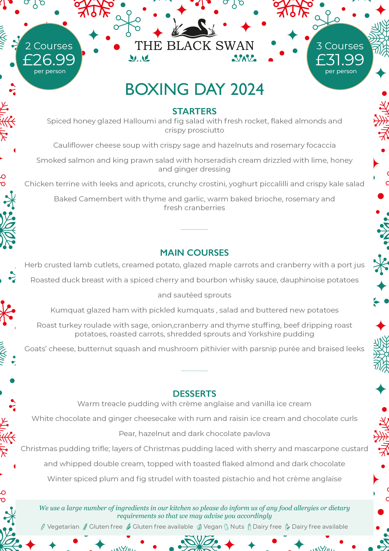 The Black Swan Inn - Food Menus - Good Pub Food