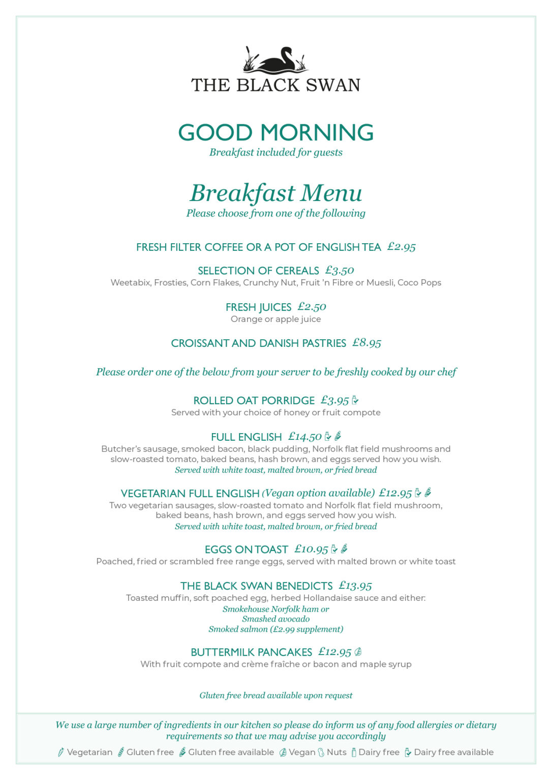 The Black Swan Inn - Food Menus - Good Pub Food