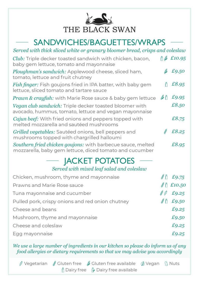The Black Swan Inn - Food Menus - Good Pub Food