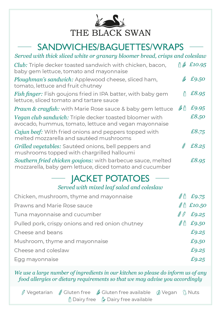 Swan club lunch menu store