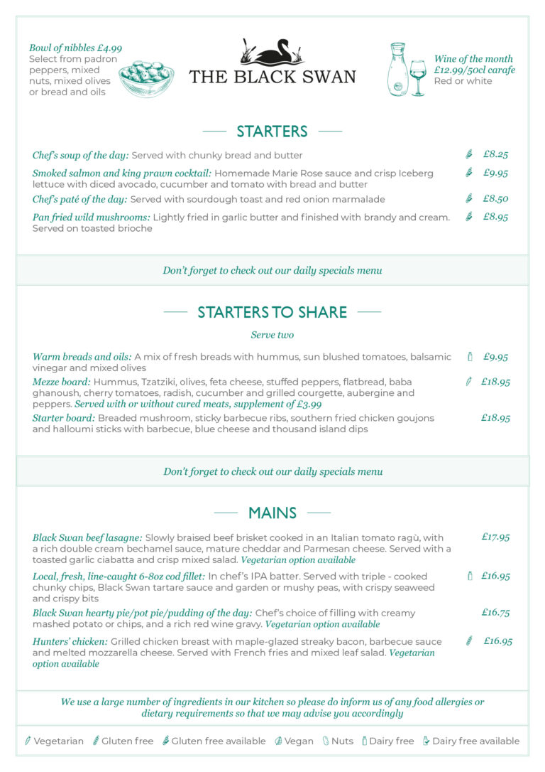 The Black Swan Inn - Food Menus - Good Pub Food