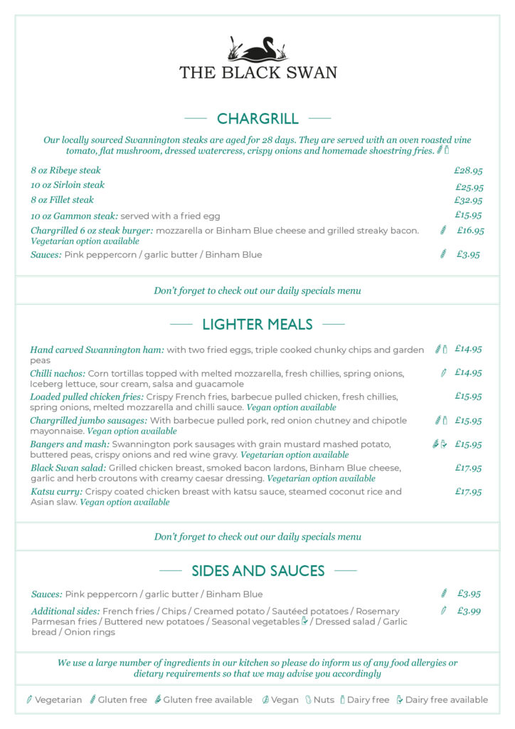 The Black Swan Inn - Food Menus - Good Pub Food
