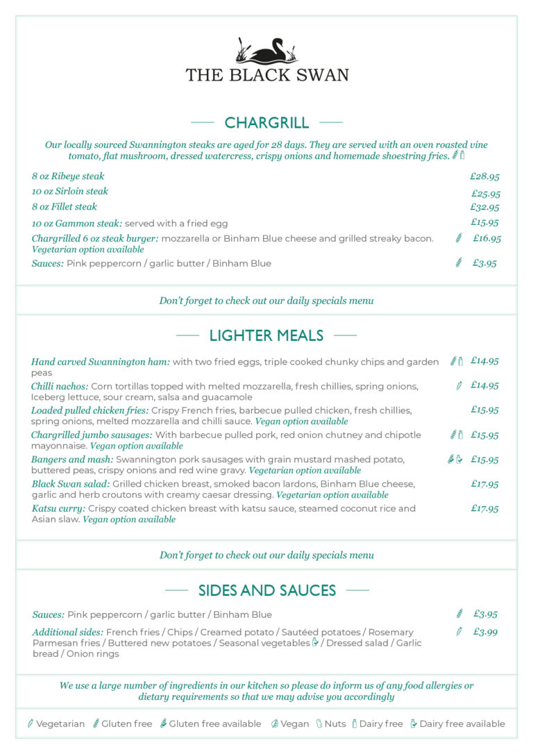 The Black Swan Inn - Food Menus - Good Pub Food