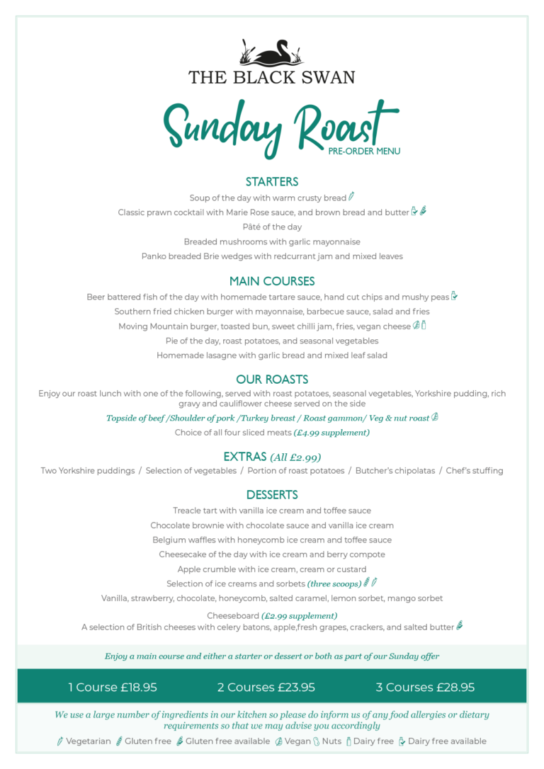 The Black Swan Inn - Food Menus - Good Pub Food