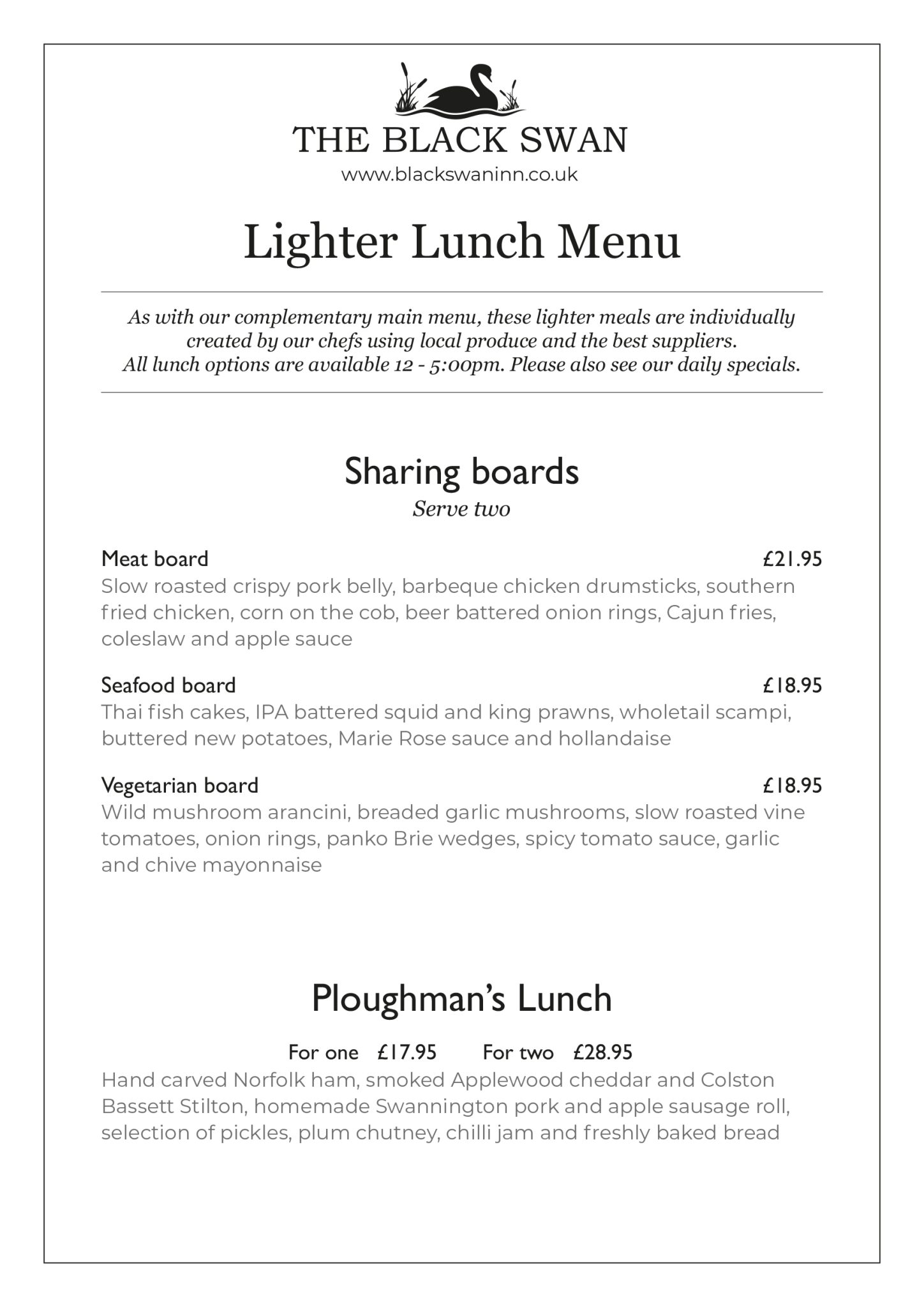 The Black Swan Inn - Food Menus - Good Pub Food