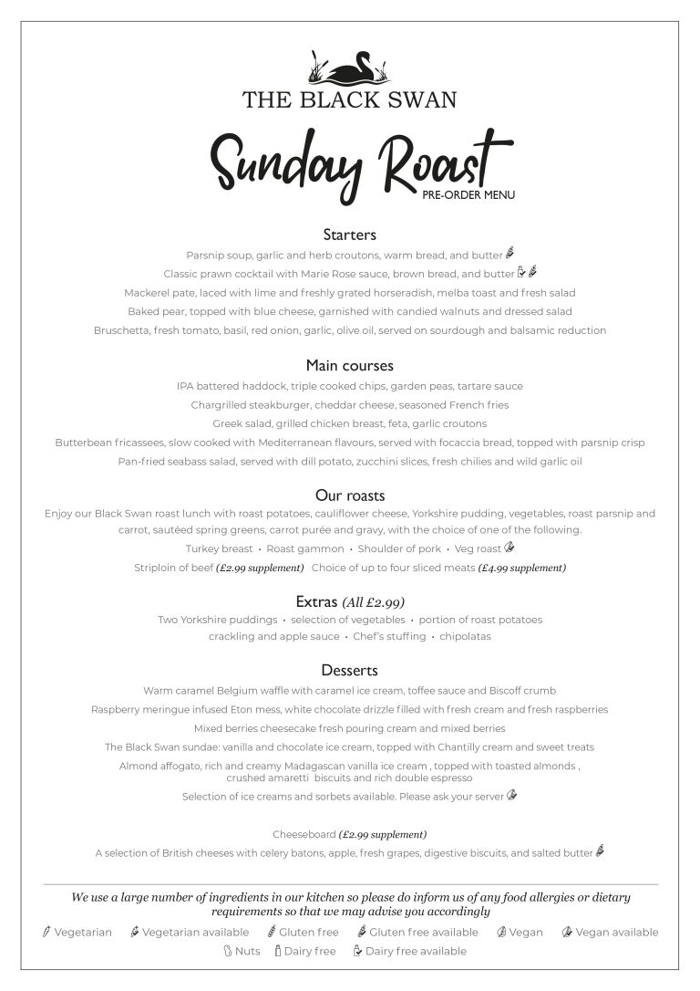The Black Swan Inn - Food Menus - Good Pub Food