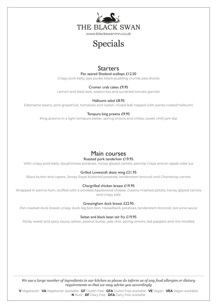 The Black Swan Inn - Food Menus - Good Pub Food