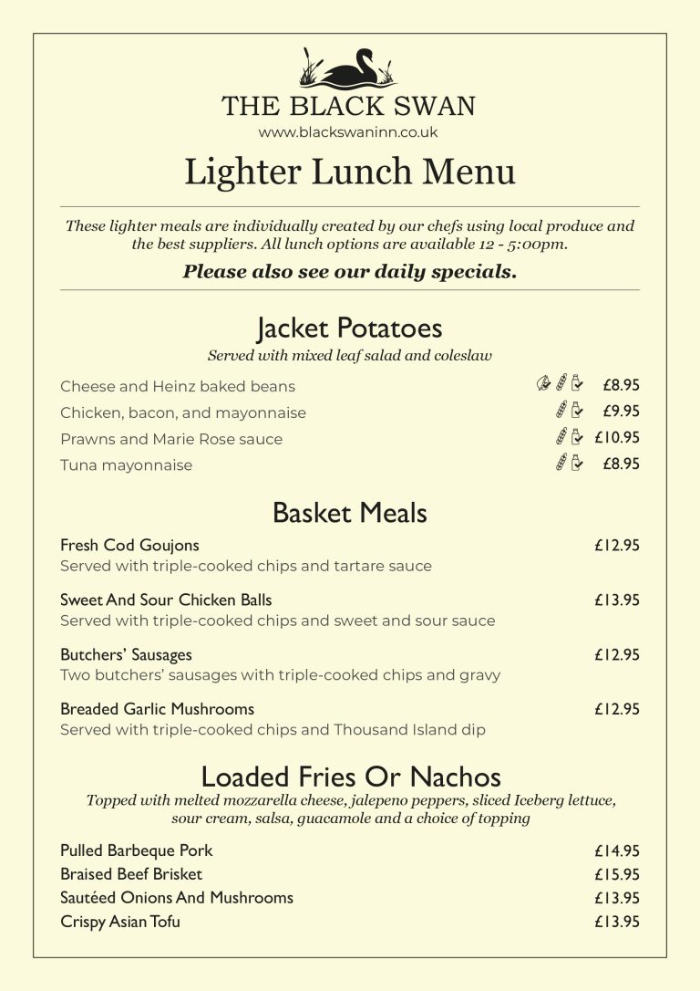The Black Swan Inn - Food Menus - Good Pub Food